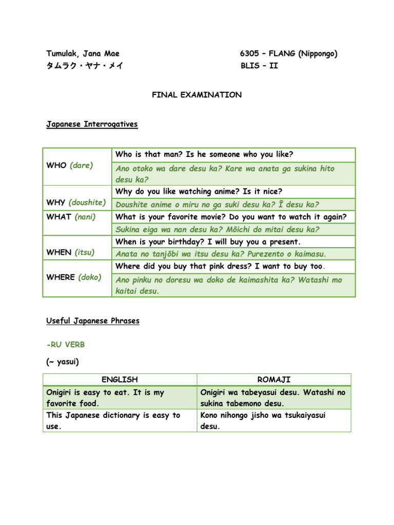 Japanese Interrogatives and Phrases Guide | PDF | Japanese Language ...