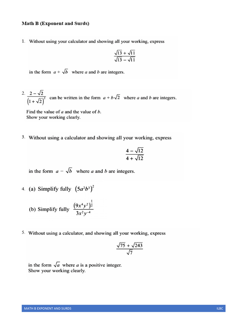 Math B (Exponent and Surds) | PDF