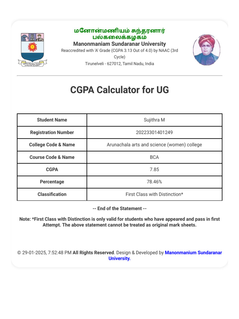 MSU - CGPA Calculator For UG | PDF