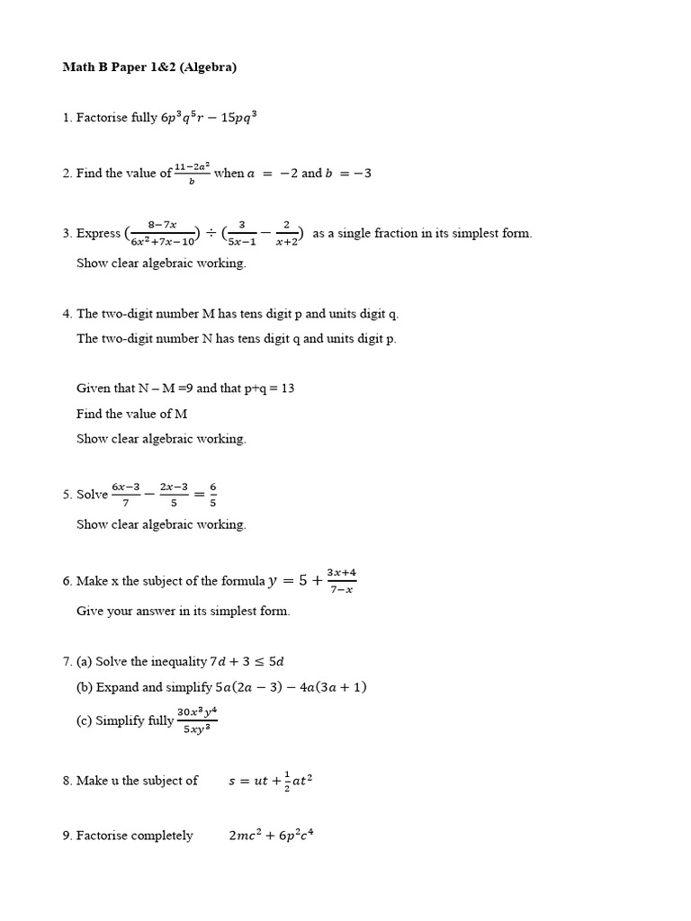 Math B Algebra PP 1 & 2 | PDF | Equations | Factorization