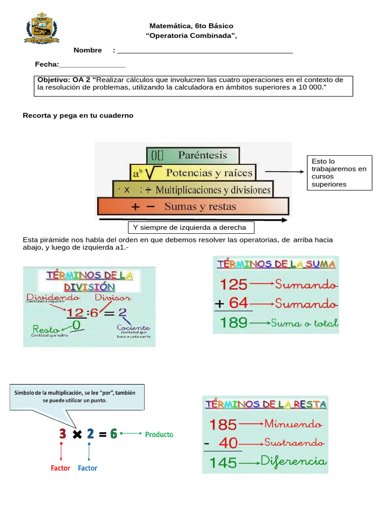 Guía Matemáticas 6° Operatoria Combinada | PDF | Multiplicación ...