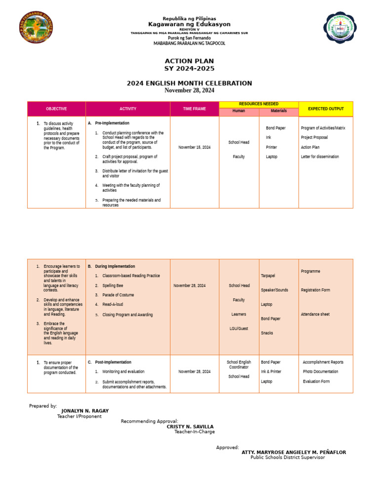 English Month Celebration Action Plan 2024 | PDF | Learning | Human ...