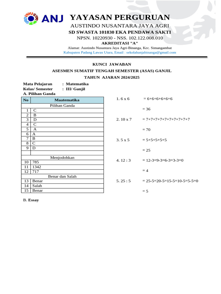 Kunci Jawaban Matematika Kelas 3 ASAS Ganjil 2024-2025 | PDF