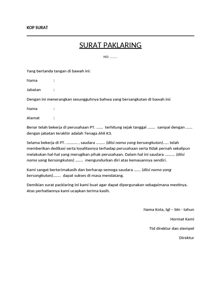 Format Surat Packlaring | PDF