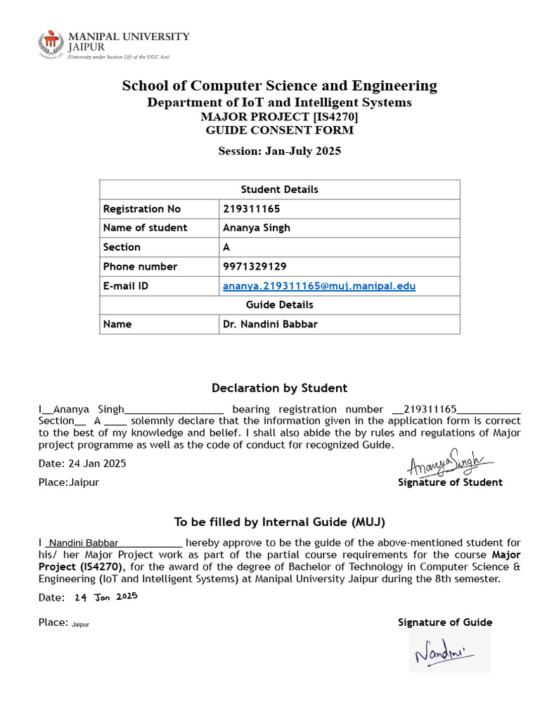 Ananya Singh Guide Consent Form For Major Pro - Ananya Singh | PDF