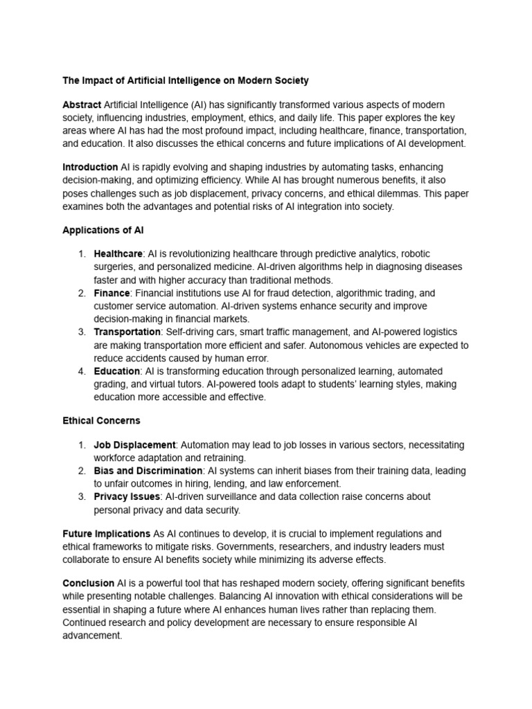 The Impact of Artificial Intelligence on Modern Society html | PDF ...