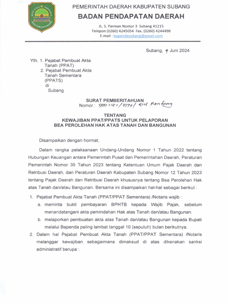 Surat Pemberitahuan kewajiban PPAT dan PPATS | PDF