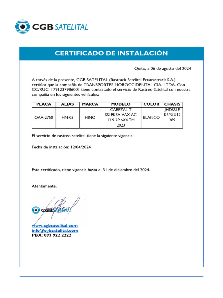 Cgb Satelital Certificado Instalación Qaa 2750 Hn 03 Pdf