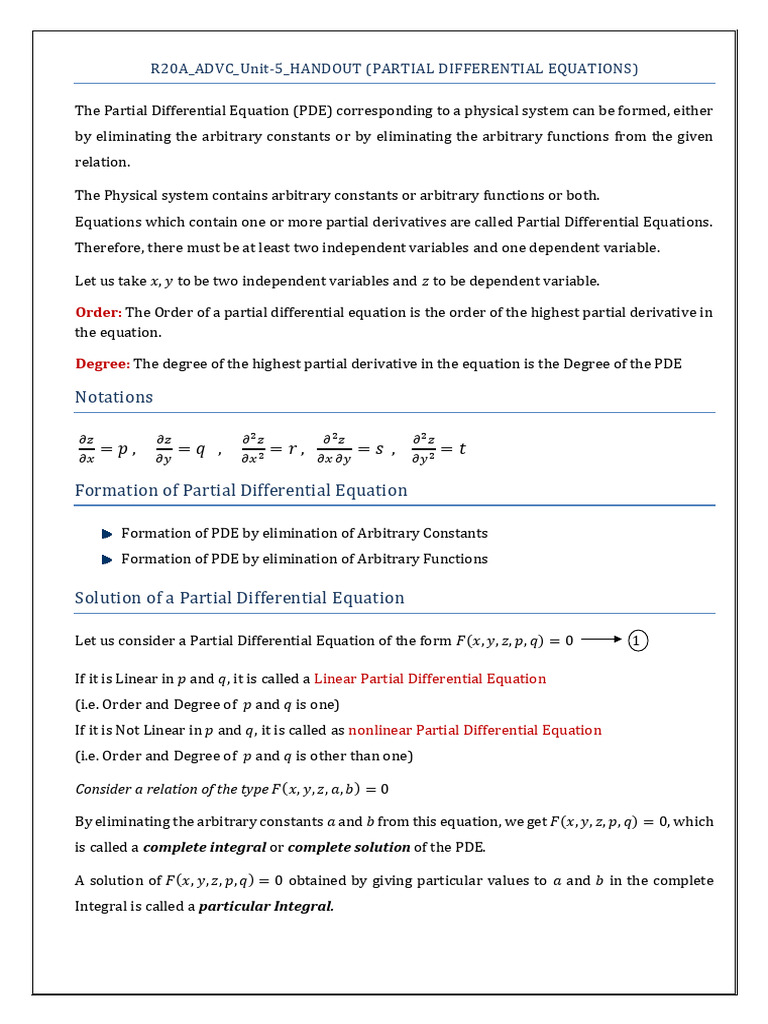 R20a Advc Unit-5 Handout Pde | PDF | Partial Differential Equation | Differential Equations