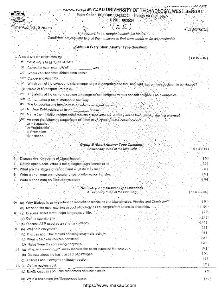 Btech Ee 3 Sem Biology of Engineers Bs Ee301 2023 | PDF