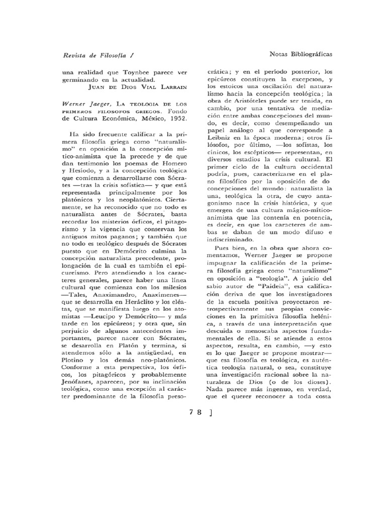 Vista de Werner Jaeger. La Teologia de Los Primeros Filósofos Griegos ...