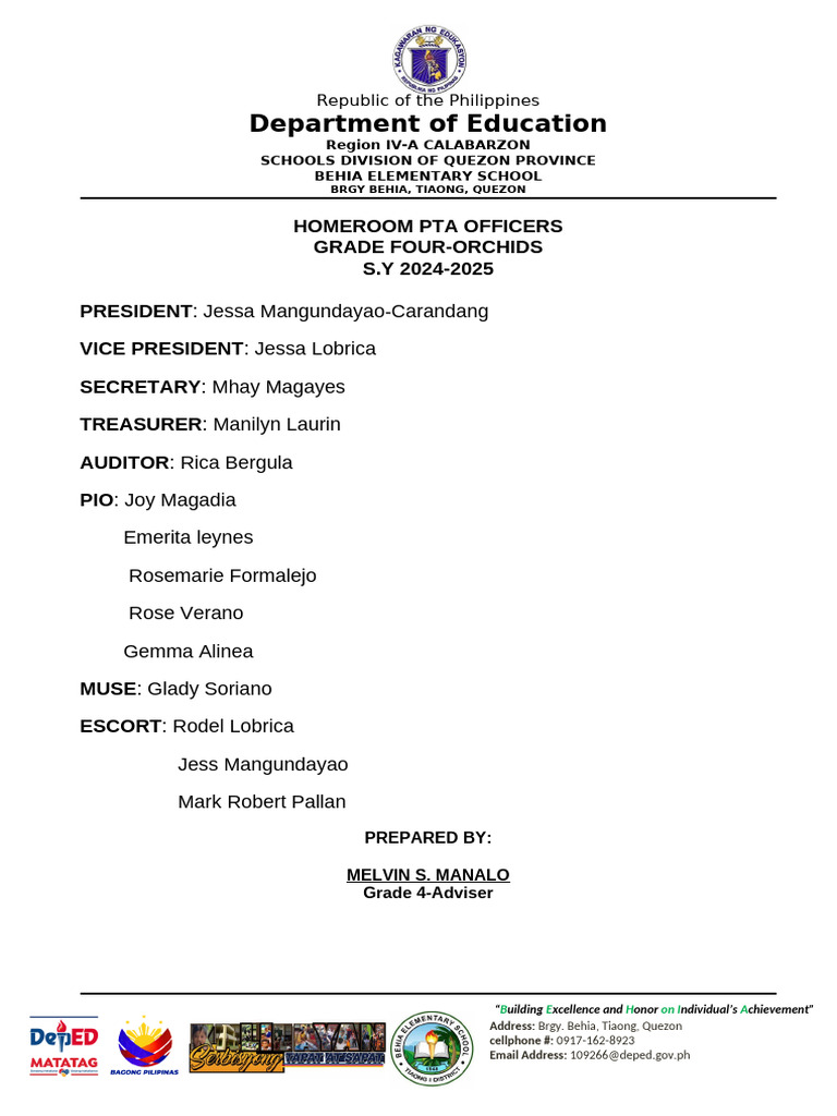 Grade 4 PTA Officers 2024-2025 | PDF