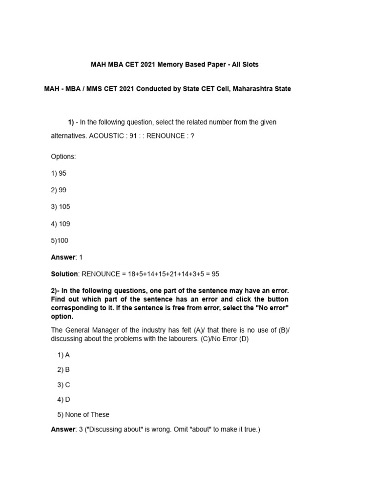Mah Mba Cet 2021 Memory Based Paper All Slots | PDF | Area