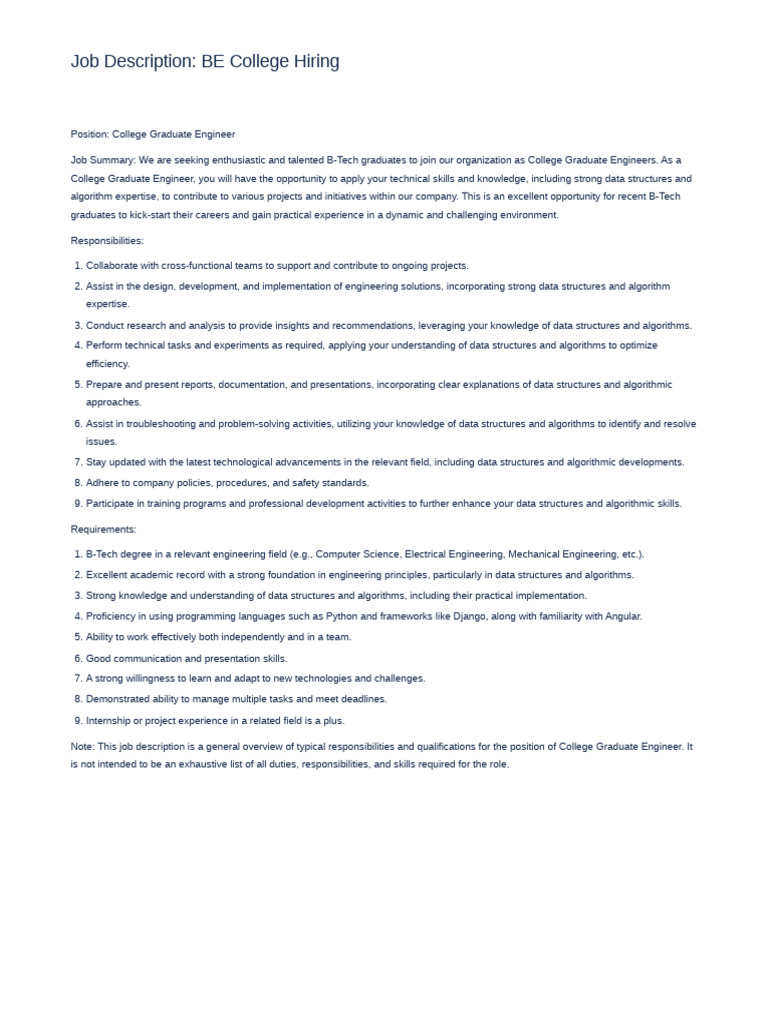 Job Description - BE College Hiring | PDF | Data | Engineering