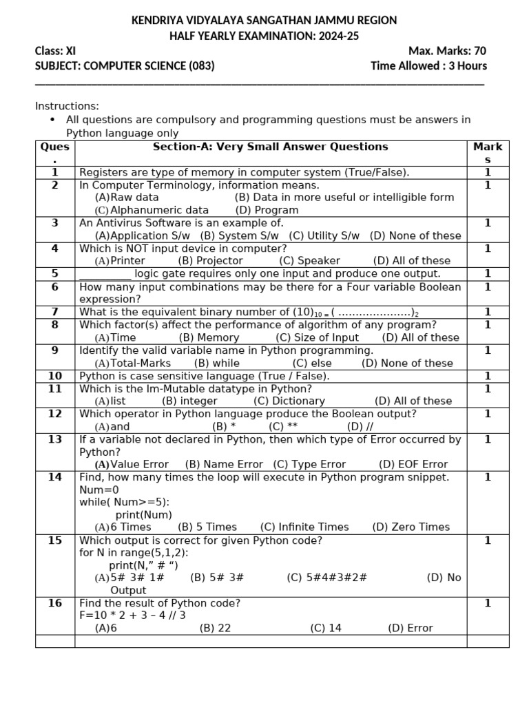 Class XI Computer Science Exam 2024-25 | PDF | Computer Program | Programming