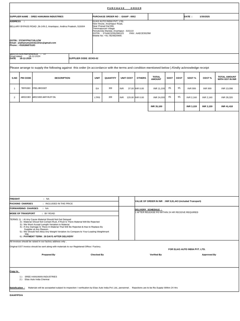 Purchase Order for Steel and Oil Supplies | PDF | Business
