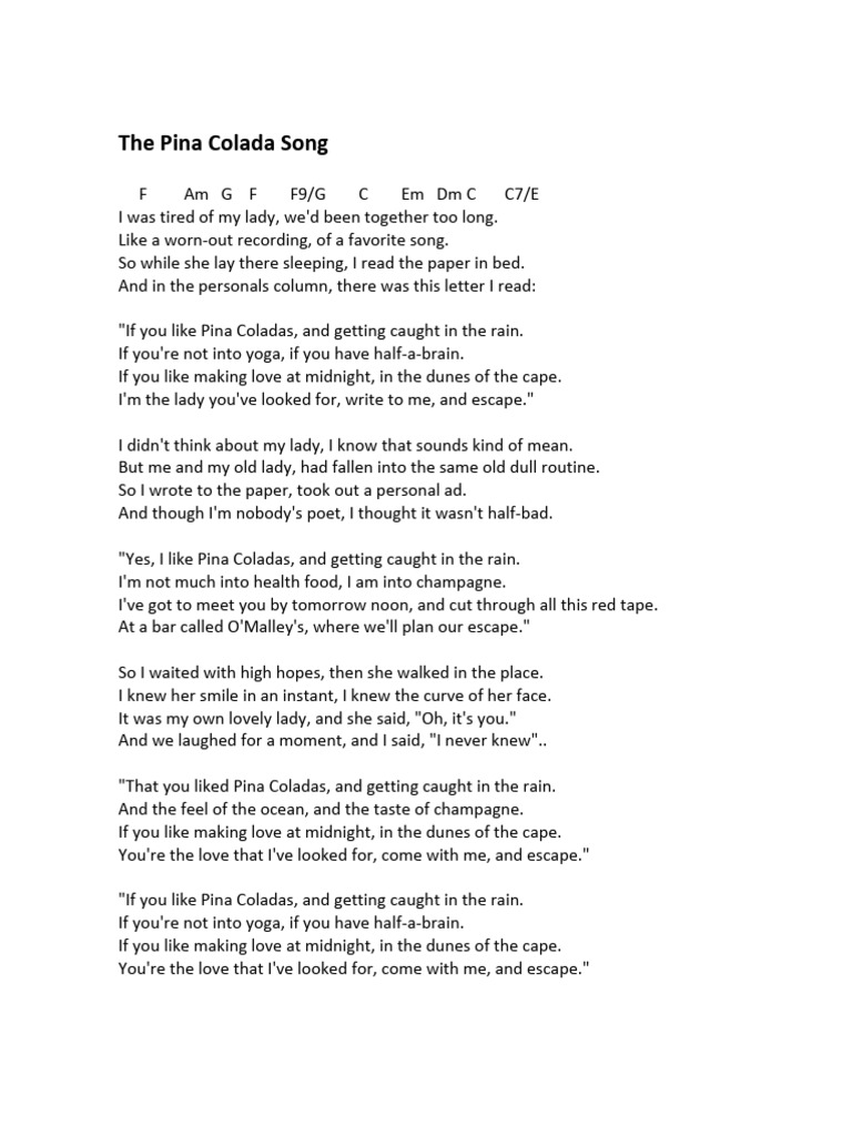 Pina Colada Song Lyrics | PDF