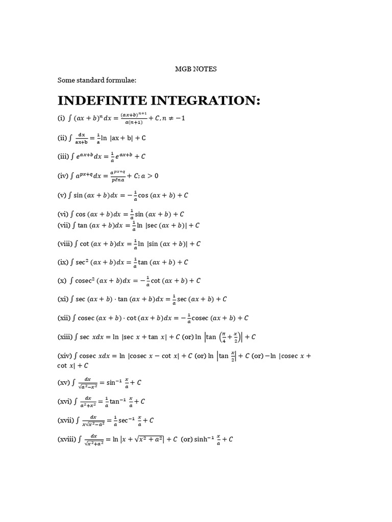 Indefinite Integration Formulas and Theorems | PDF | Trigonometric Functions | Complex Analysis