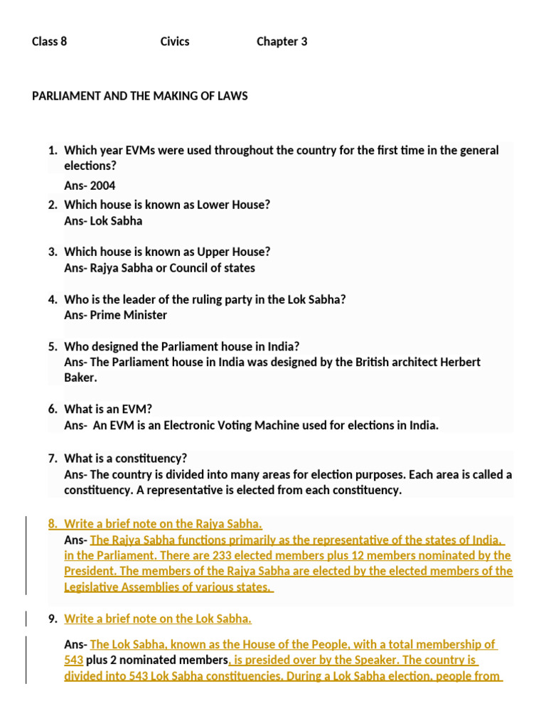 Class 8 Civics: Parliament & Laws | PDF | Government | Democracy