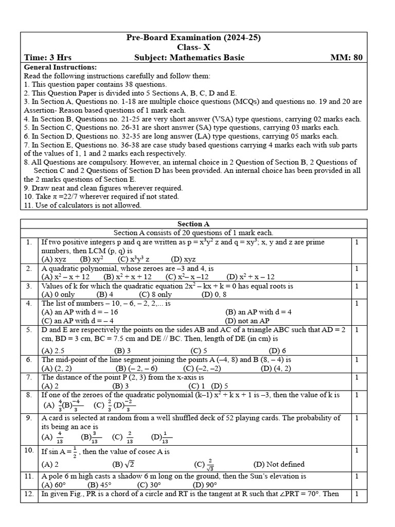 Class X Mathematics Pre-Board Exam 2024-25 | PDF | Sphere | Angle