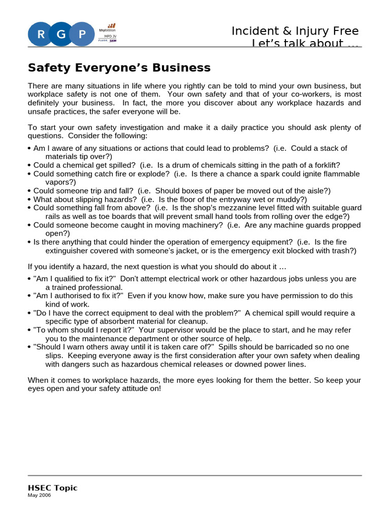 Safety Everyone's Business | PDF | Safety | Occupational Safety And Health