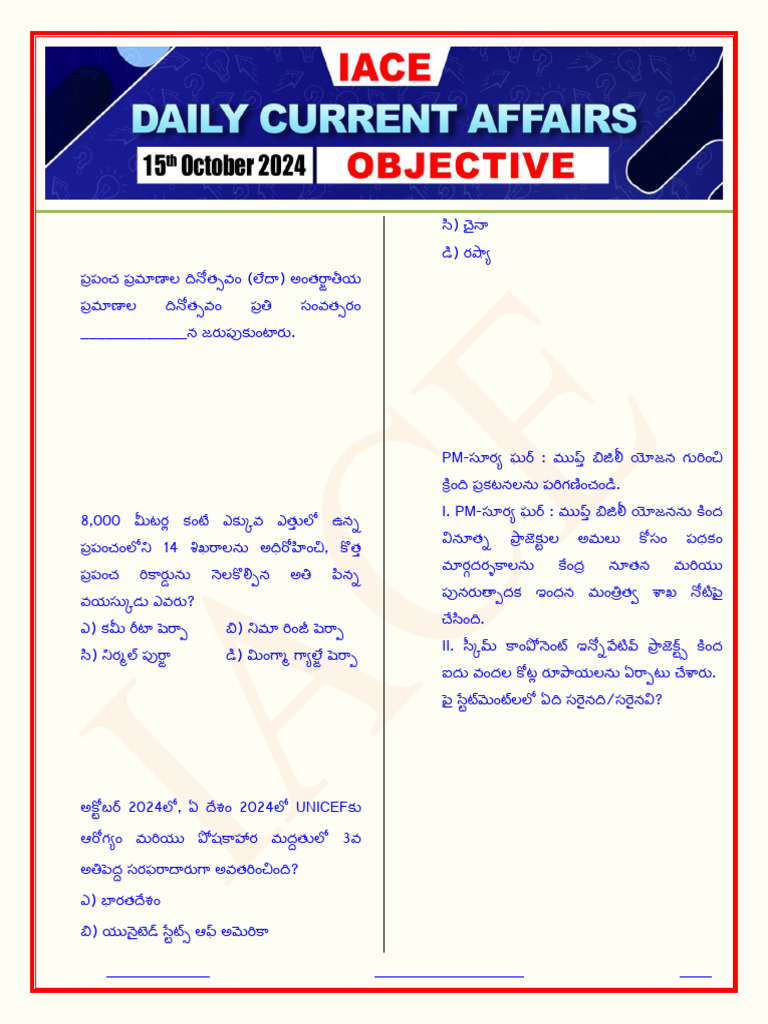 15-October 2024 - CURRENT AFFAIRS (OBJECTIVE) TELEGRAM | PDF