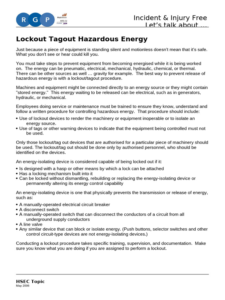 Lockout Tagout Hazardous Energy | PDF | Electricity | Electrical ...