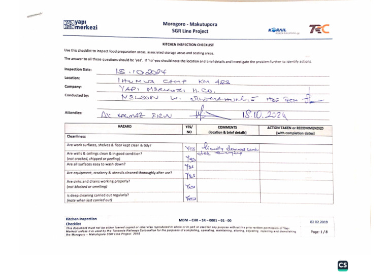 Monthly Kitchen Inspection Filled Checklist Forms | PDF