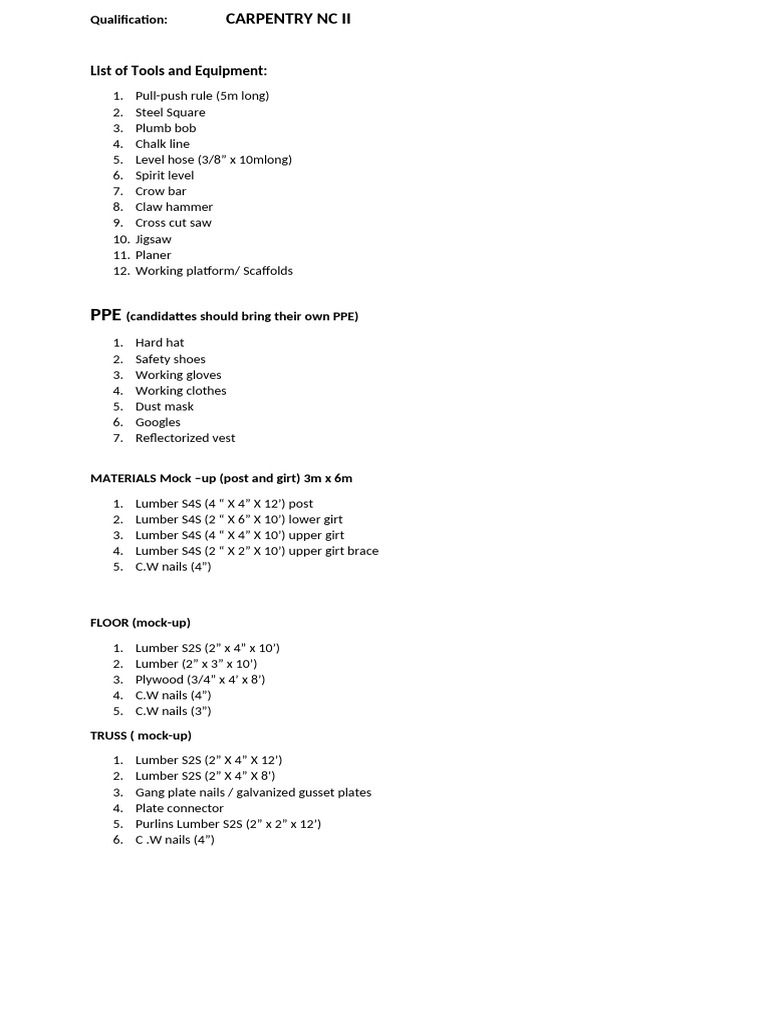 List of Tools, Equipments, and Materials in CARPENTRY NC II (New Form) | PDF