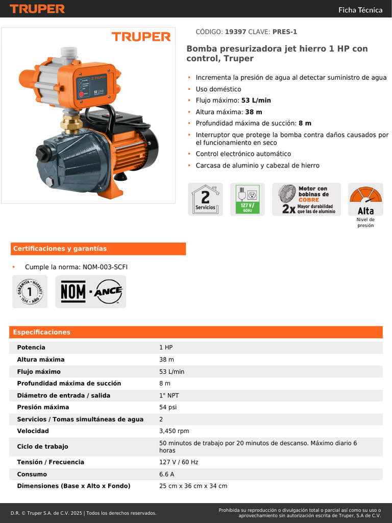 Bomba Jet 1 HP Truper: Presión y Eficiencia | PDF