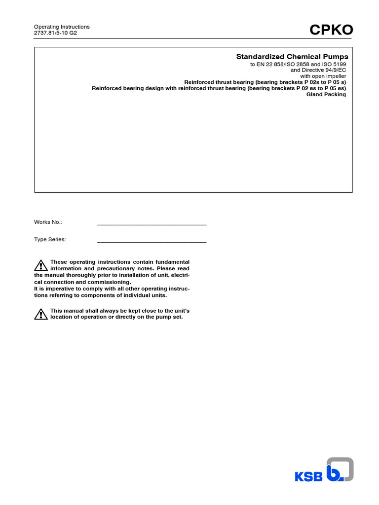 Cpko With Gland Packing Operating Manual | PDF | Pump | Bearing (Mechanical)