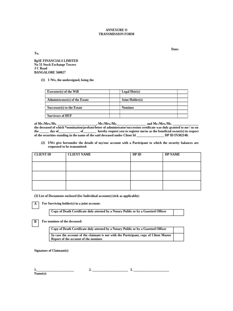 Annexure O: Transmission Request Form | PDF | Notary Public | Probate