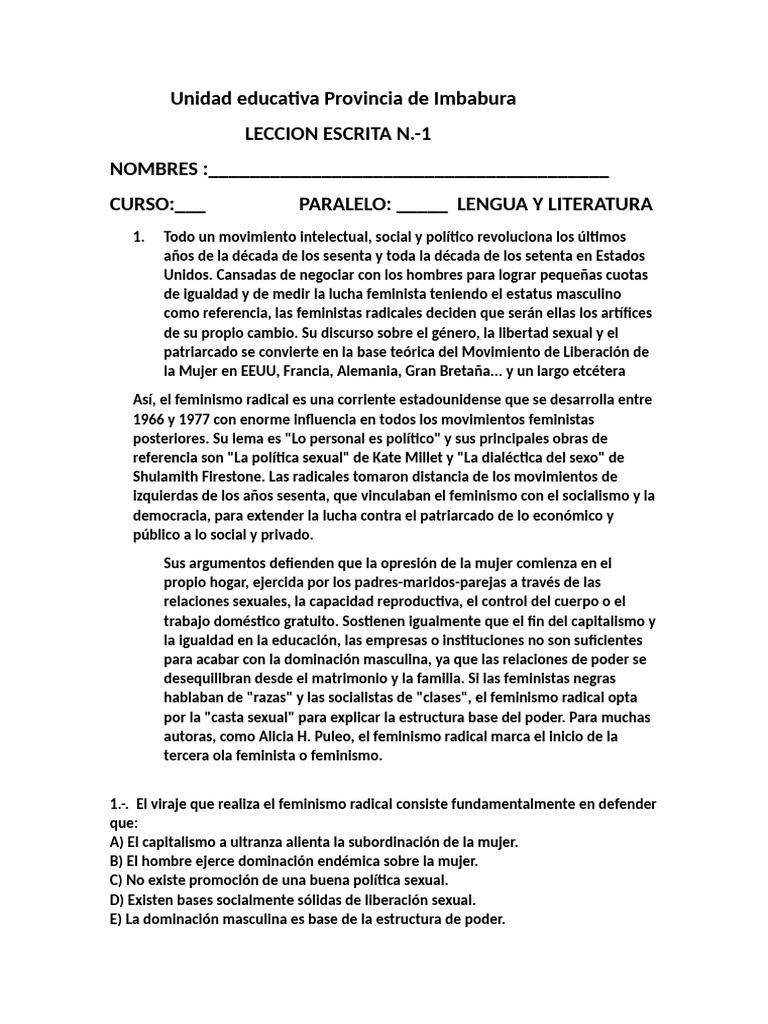 Leccion Escrita 2do Lengua y Literatur Imbabura | PDF | Feminismo ...