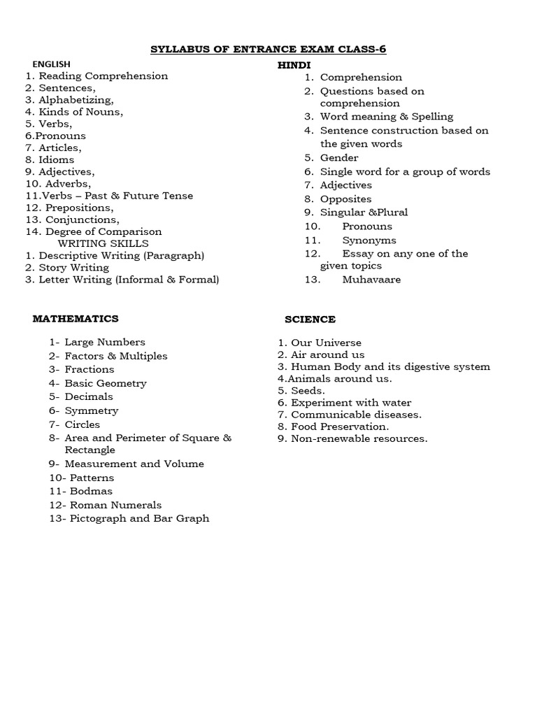Class 6 Entrance Exam Syllabus | PDF | Verb | Grammatical Number