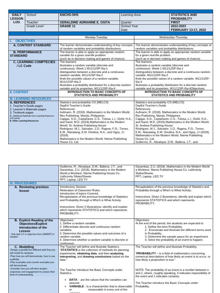 Lesson 1 Exploring Random Variables and Probability Distribution | PDF | Probability ...