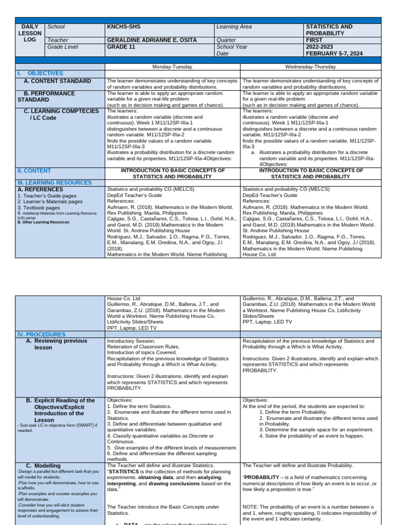 LESSON 1 Basic Concepts in Statistics | PDF | Statistics | Experiment