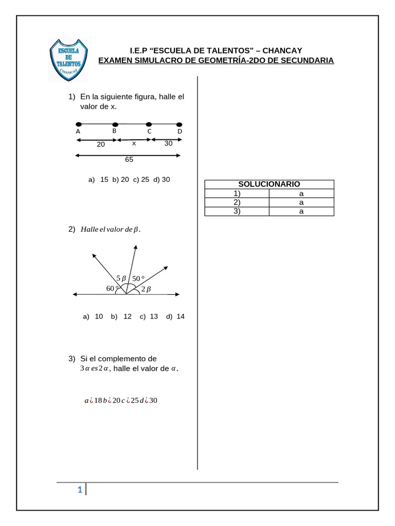Examen Simulacro de Geometría-2do de Secundaria-Escuela de Talentos-Italo Rojas | PDF