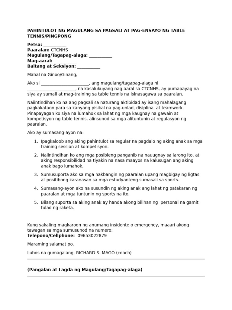 Pahintulot NG Magulang Sa Pagsali at Pag | PDF