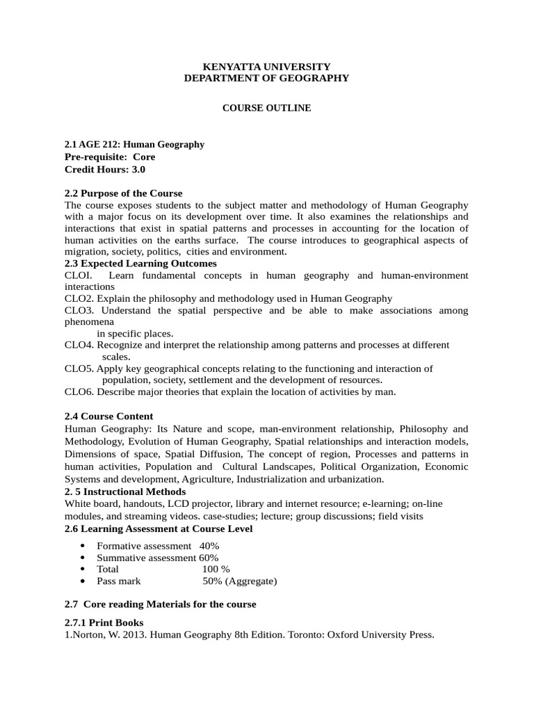 Human Geography Course Outline | PDF | Geography | Liberal Arts Education
