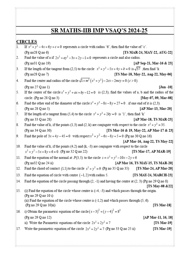 SR-MATHS-IIB IMP VSAQ'S 2024-25 (1) | PDF | Circle | Manifold