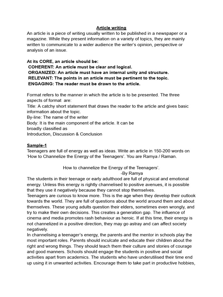 Article writing Class 12 | PDF | Adolescence | Social Psychology