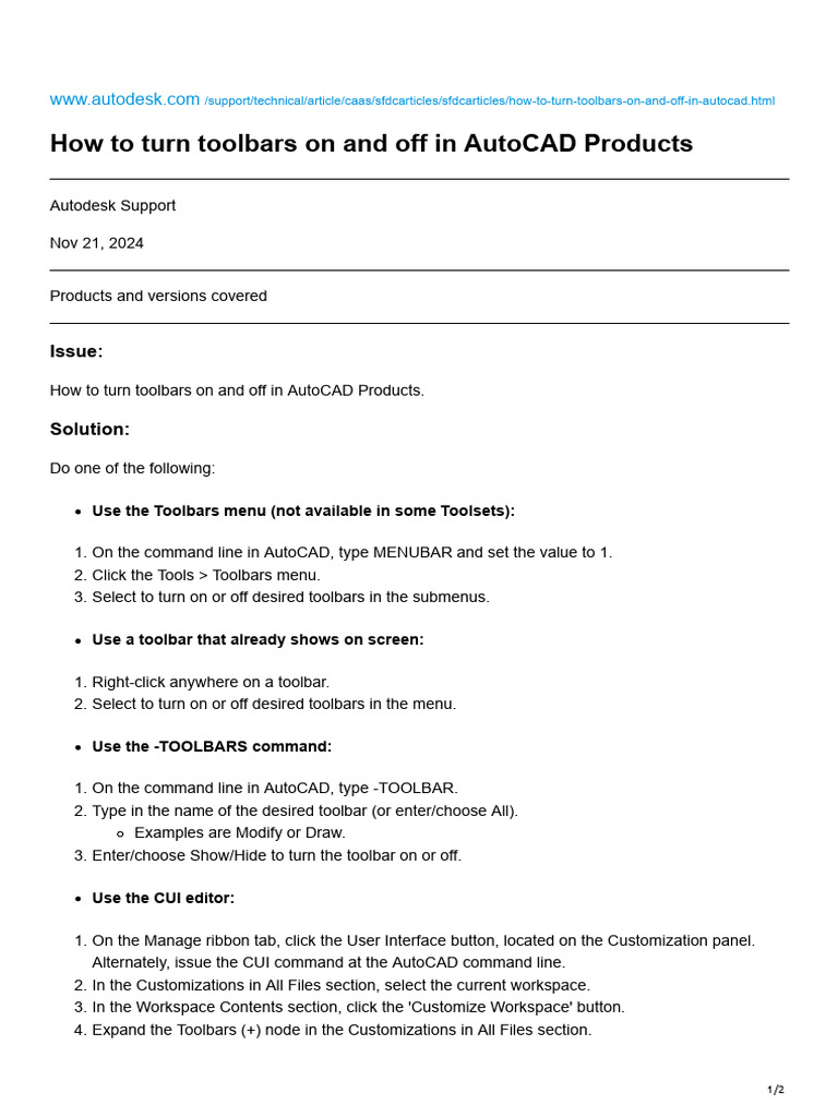 How To Turn Toolbars On and Off in AutoCAD Products | PDF