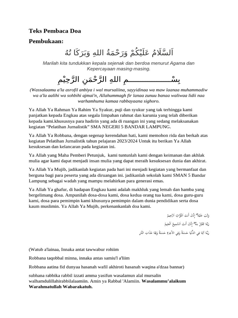 Teks Pembaca Doa Pelatihan Jurnalistik | PDF