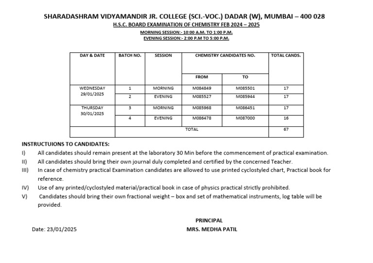 HSC Board Exam 2024-2025 Practical Exam Time Table | PDF