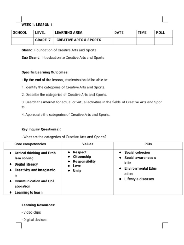 Grade 7 Rationalized Creative Arts and Sports Lesson Plans Term 1 ...