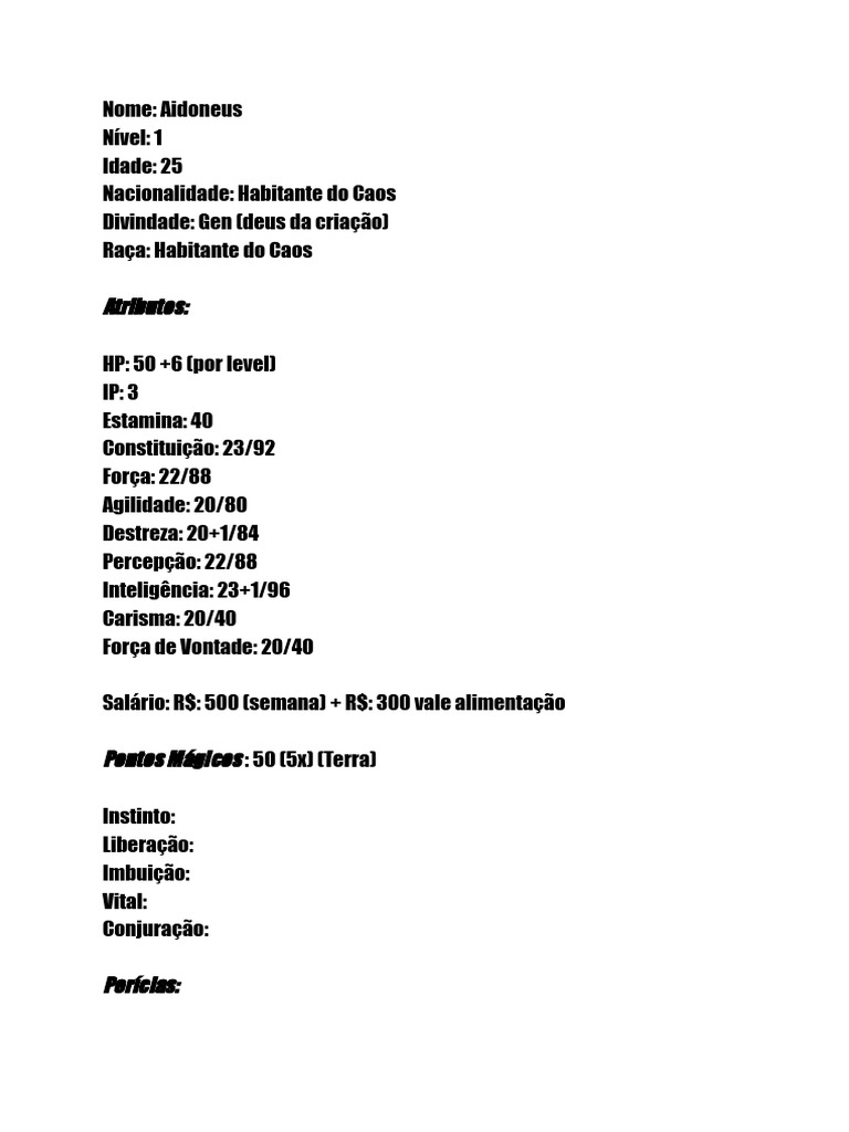 Personagem Aidoneus: Atributos e Habilidades | PDF