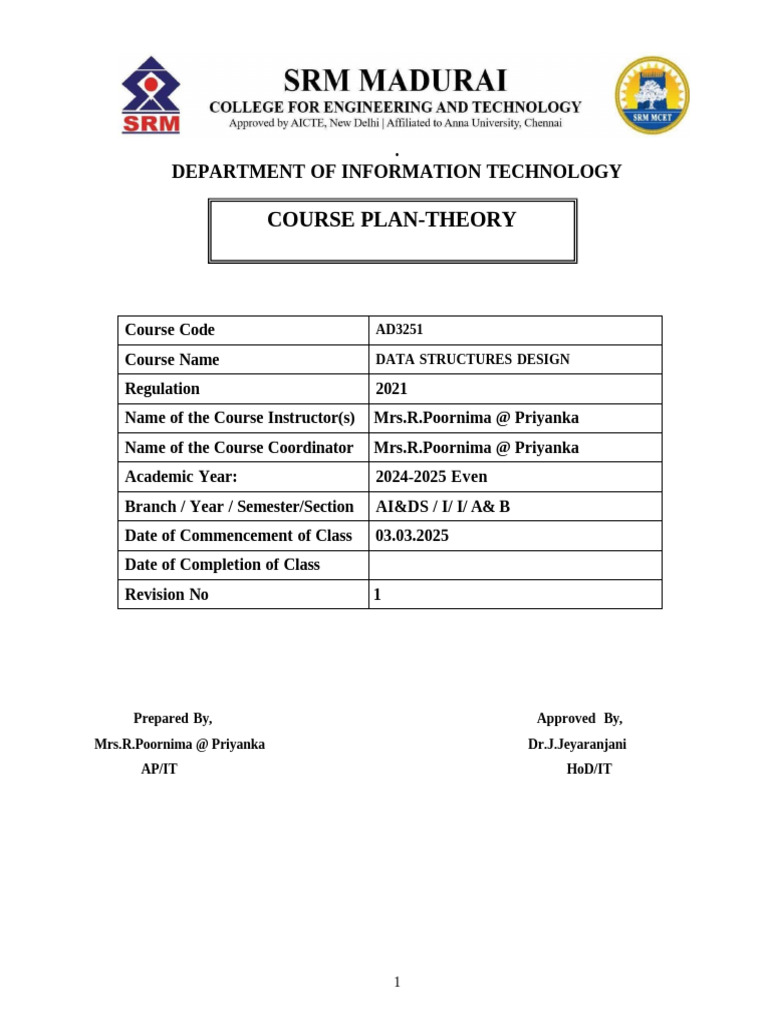 Ad3251 Data Structures Desgin Course Plan | PDF | Computer Programming | Algorithms And Data ...