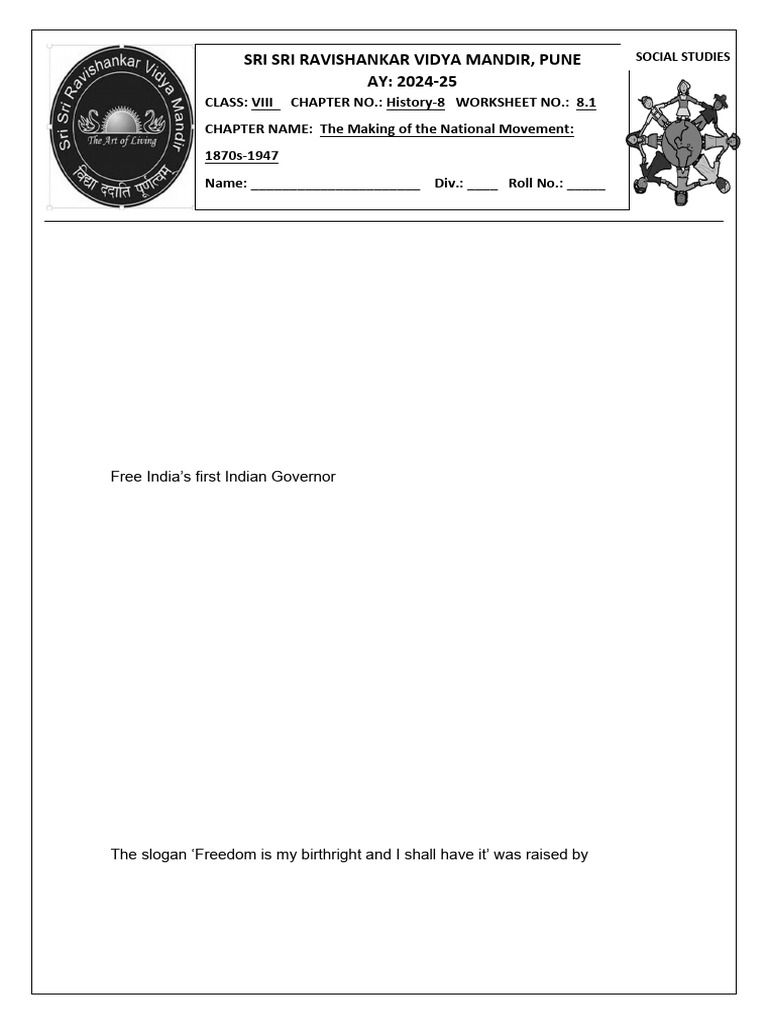 National Movement Class 8 Worksheet | PDF | Partition Of India ...