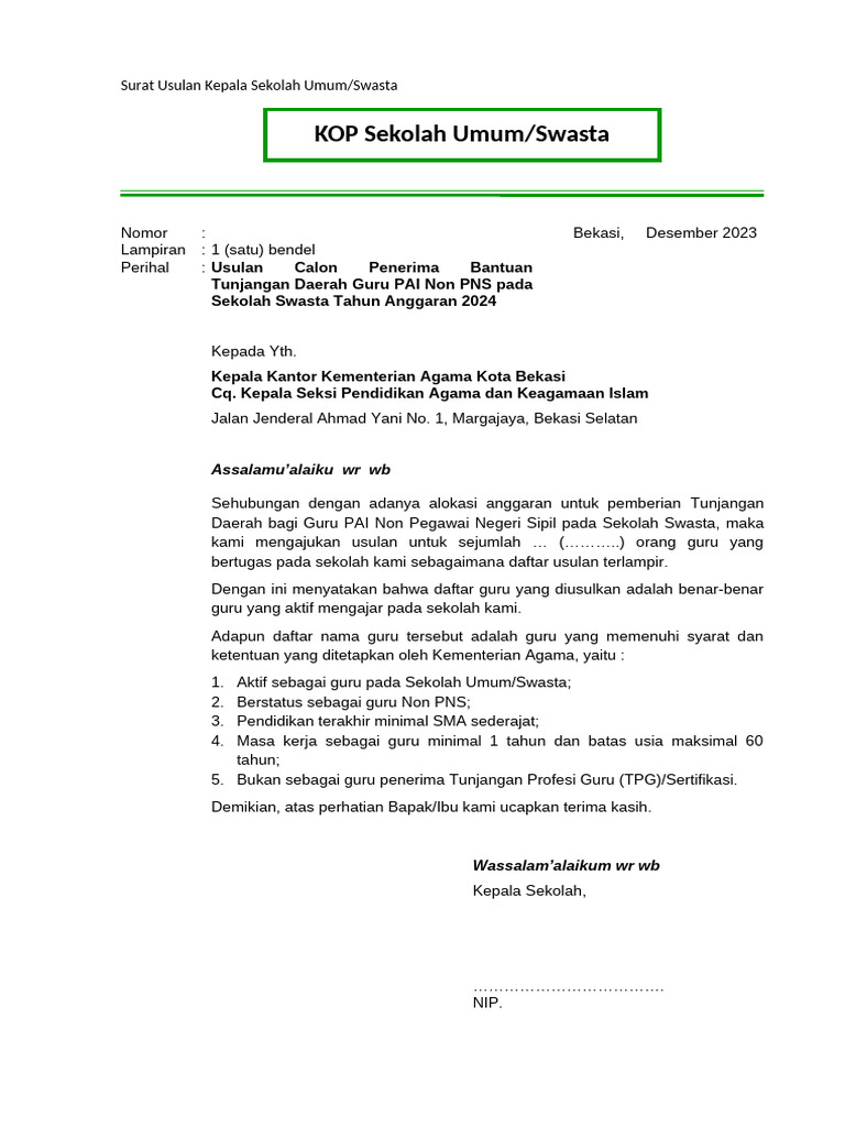 Surat - Usulan - Tunda - Gpai - Sekolah - Swasta - 2024 | PDF