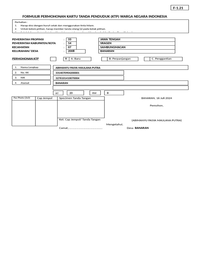 Formulir Permohonan KTP Manual | PDF